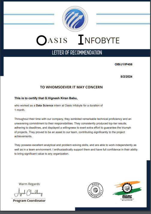 Vignesh Kiran babu on LinkedIn: #oasisinfobyte #oasisinfobyteinternship ... Vignesh Kiran babu on LinkedIn: #oasisinfobyte #oasisinfobyteinternship ...