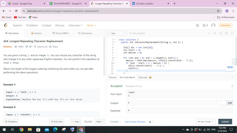 LAVANYA V on LinkedIn: #100daysofleetcode #424longest_repeating ... LAVANYA V on LinkedIn: #100daysofleetcode #424longest_repeating ...