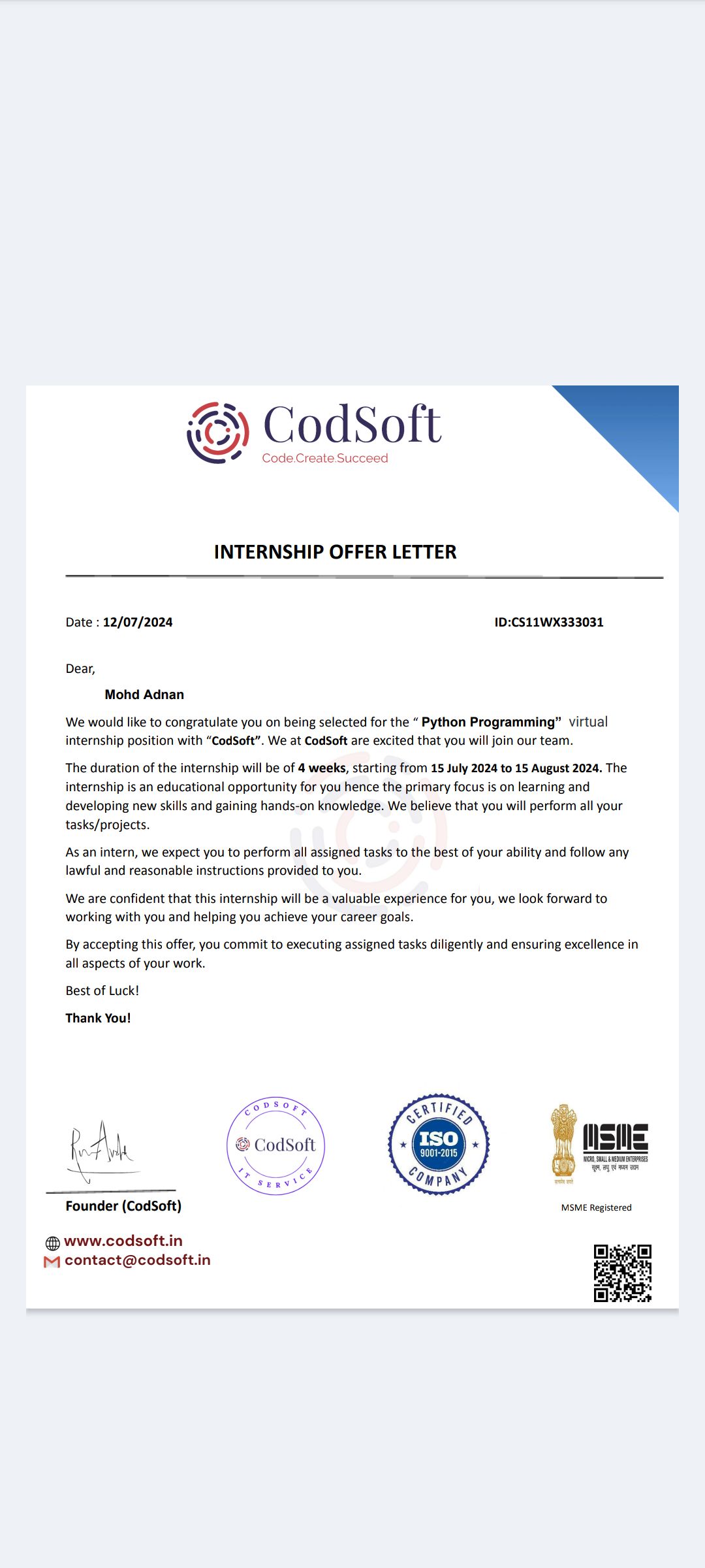 MOHD ADNAN on LinkedIn: #codsoft #internship #pythonprogramming #learning MOHD ADNAN on LinkedIn: #codsoft #internship #pythonprogramming #learning