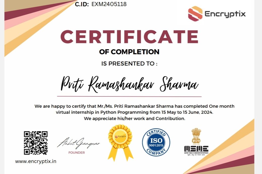 Priti Sharma on LinkedIn: #encryptix #encryptix #pythonprogramming Priti Sharma on LinkedIn: #encryptix #encryptix #pythonprogramming