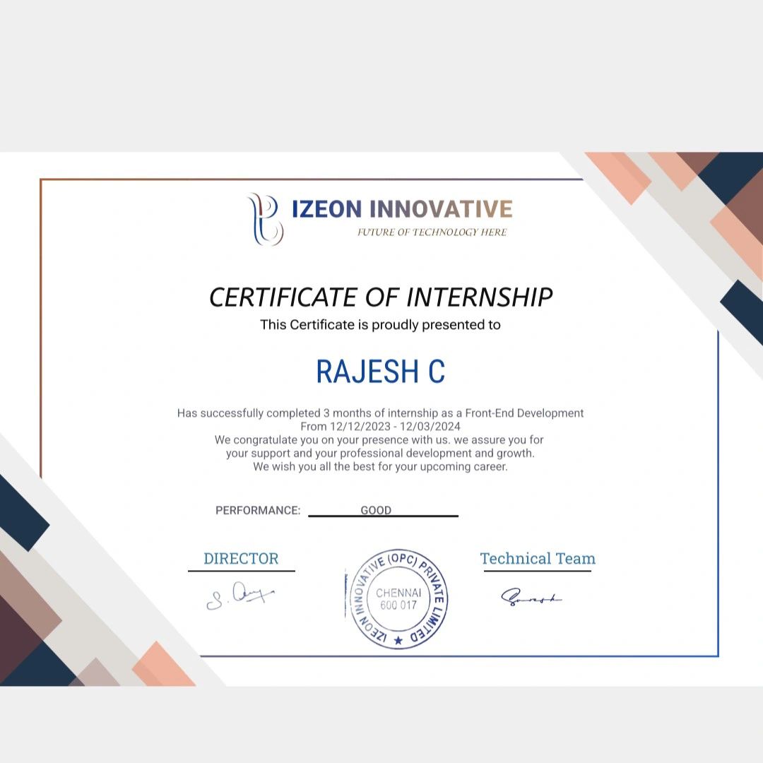 Rajesh C on LinkedIn: #frontend #internship #certificate #webdevelopment Rajesh C on LinkedIn: #frontend #internship #certificate #webdevelopment