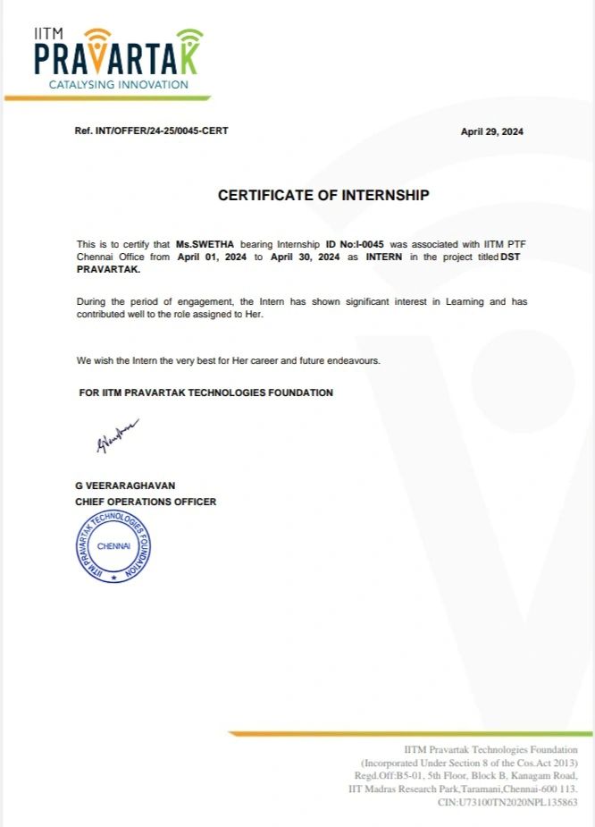 Swetha S on LinkedIn: Successfully completed my internship at IITM ... Swetha S on LinkedIn: Successfully completed my internship at IITM ...