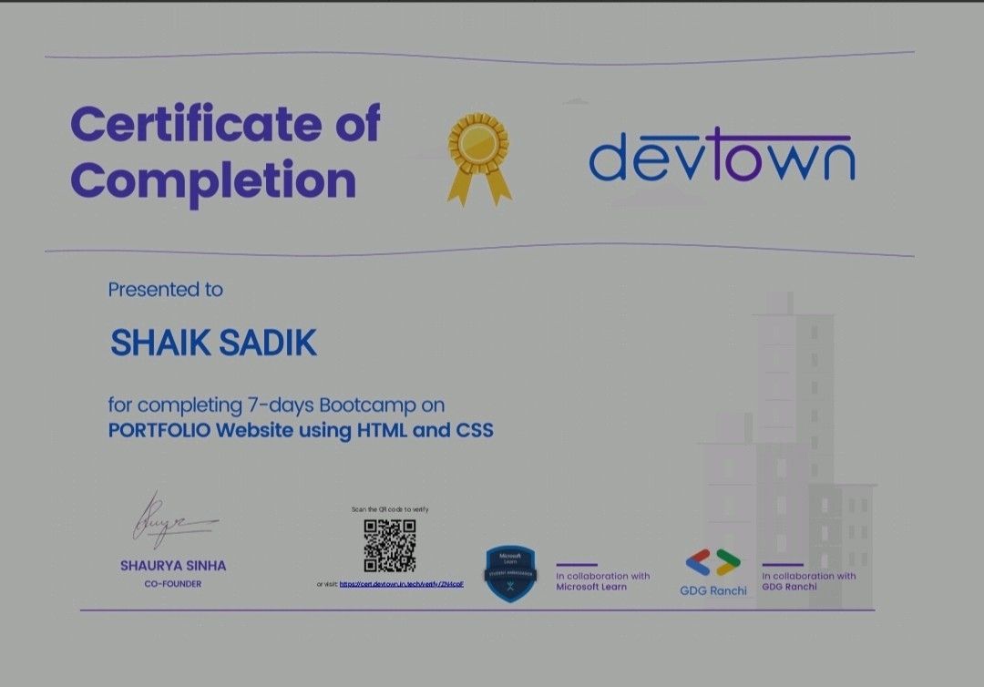 Shaik Sadik on LinkedIn: #devtown #certificate #html #css Shaik Sadik on LinkedIn: #devtown #certificate #html #css