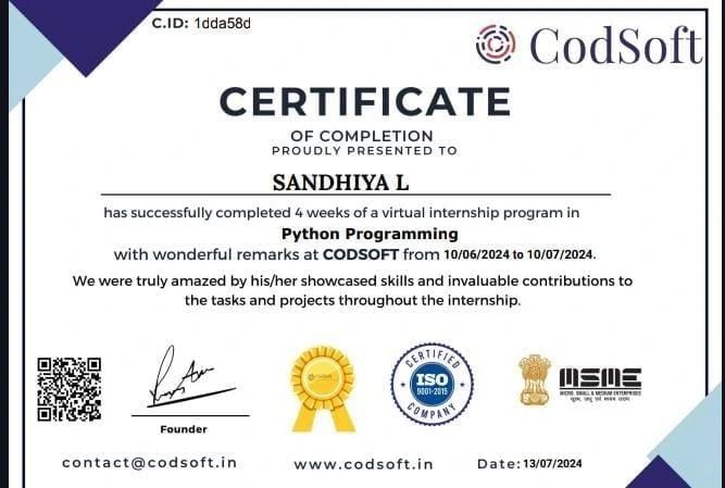 Sandhiya Sandhiya on LinkedIn: #pythonprogramming #certificate #codsoft ... Sandhiya Sandhiya on LinkedIn: #pythonprogramming #certificate #codsoft ...
