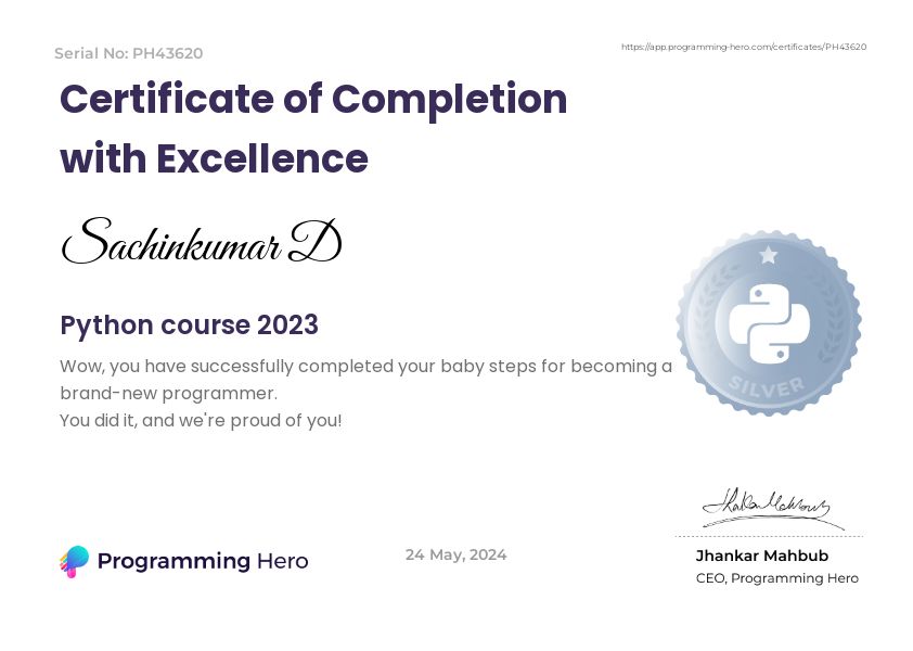 SACHINKUMAR D on LinkedIn: #python #programming #certificate # ... SACHINKUMAR D on LinkedIn: #python #programming #certificate # ...