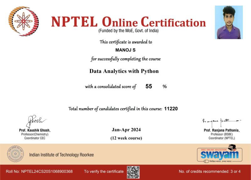 Manoj S on LinkedIn: #nptel #dataanalytics #python Manoj S on LinkedIn: #nptel #dataanalytics #python