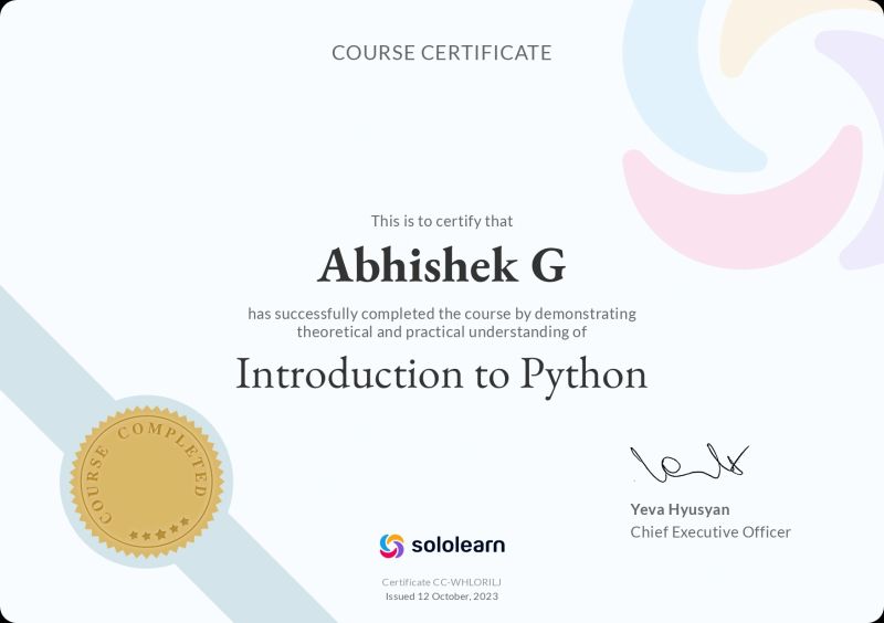 Abhishek G on LinkedIn: #python #sololearn #certified Abhishek G on LinkedIn: #python #sololearn #certified