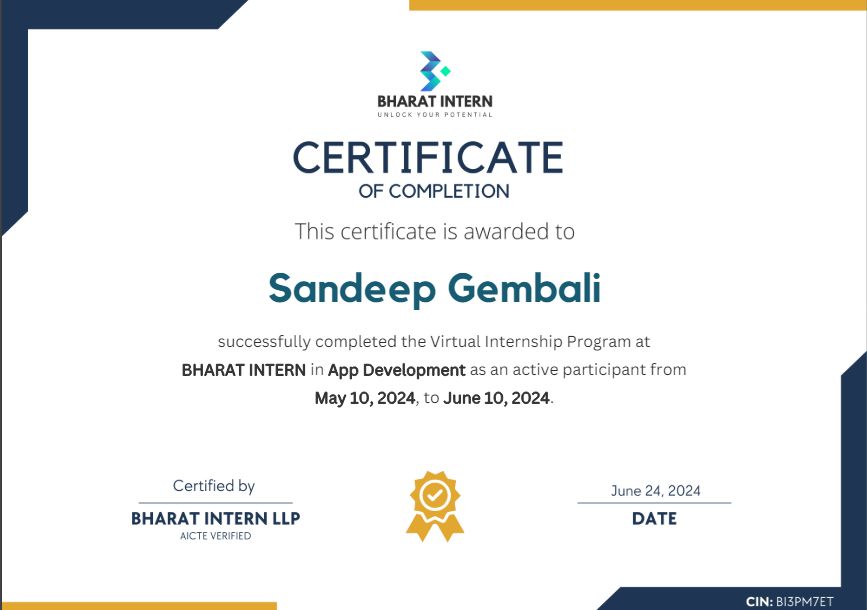 Sandeep Gembali on LinkedIn: #appdevelopment #internship #bharatintern ... Sandeep Gembali on LinkedIn: #appdevelopment #internship #bharatintern ...