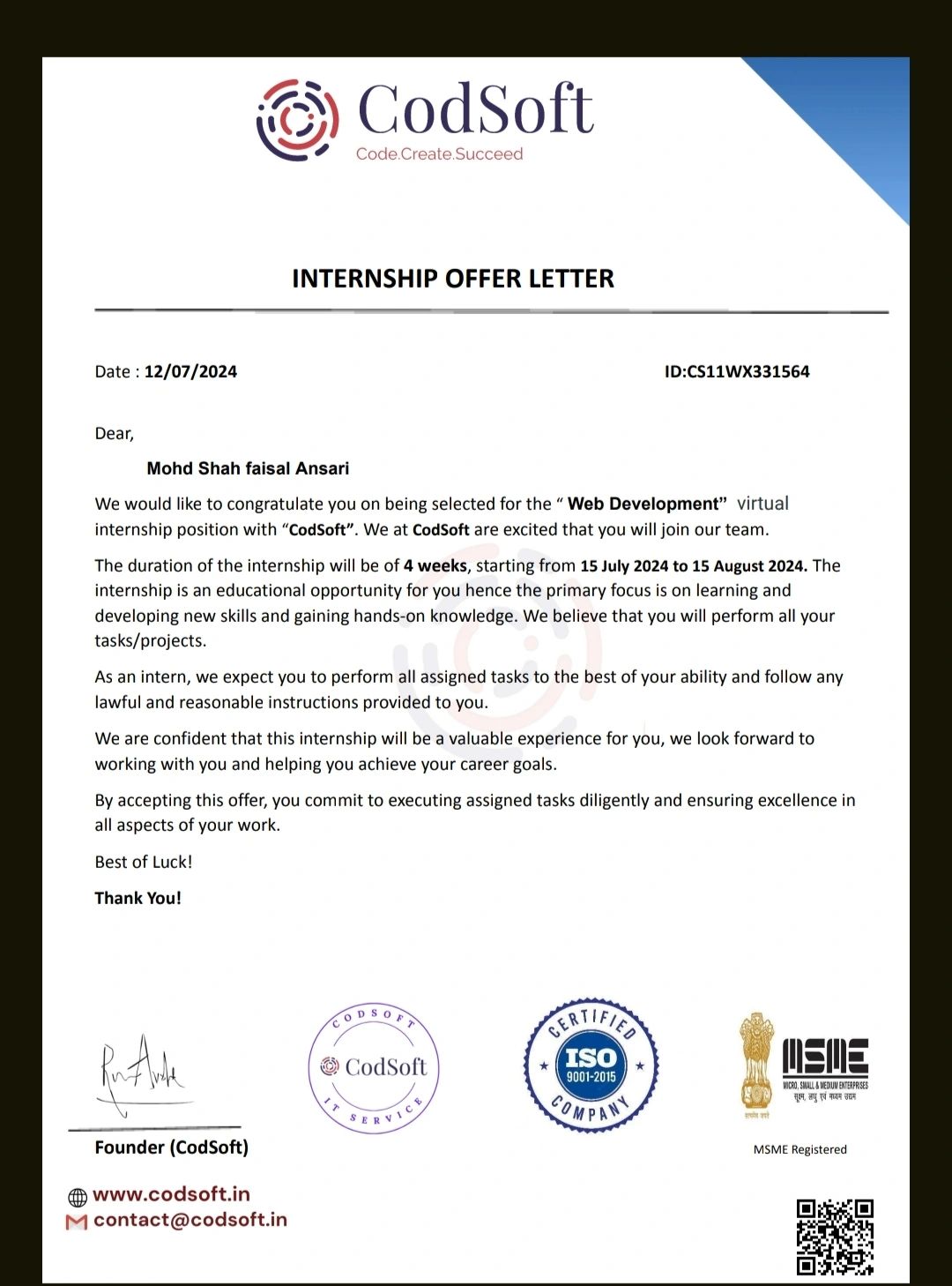 Mohd shah faisal Ansari on LinkedIn: #webdevelopment #internship #codsoft Mohd shah faisal Ansari on LinkedIn: #webdevelopment #internship #codsoft