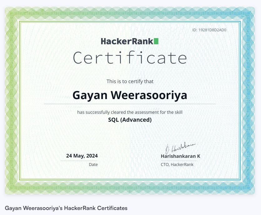 Gayan Weerasooriya on LinkedIn: Just earned HackerRank Advanced SQL ... Gayan Weerasooriya on LinkedIn: Just earned HackerRank Advanced SQL ...
