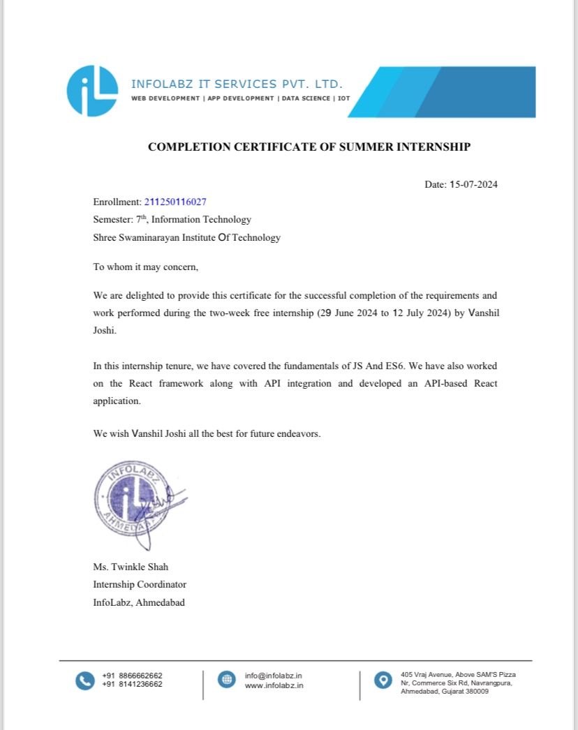 Vanshil Joshi on LinkedIn: #internship #webdevelopment #javascript # ... Vanshil Joshi on LinkedIn: #internship #webdevelopment #javascript # ...