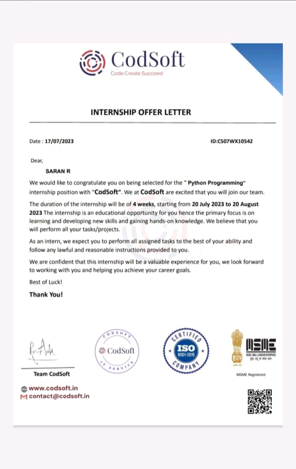 Saran R on LinkedIn: #codsoft #internships #python Saran R on LinkedIn: #codsoft #internships #python