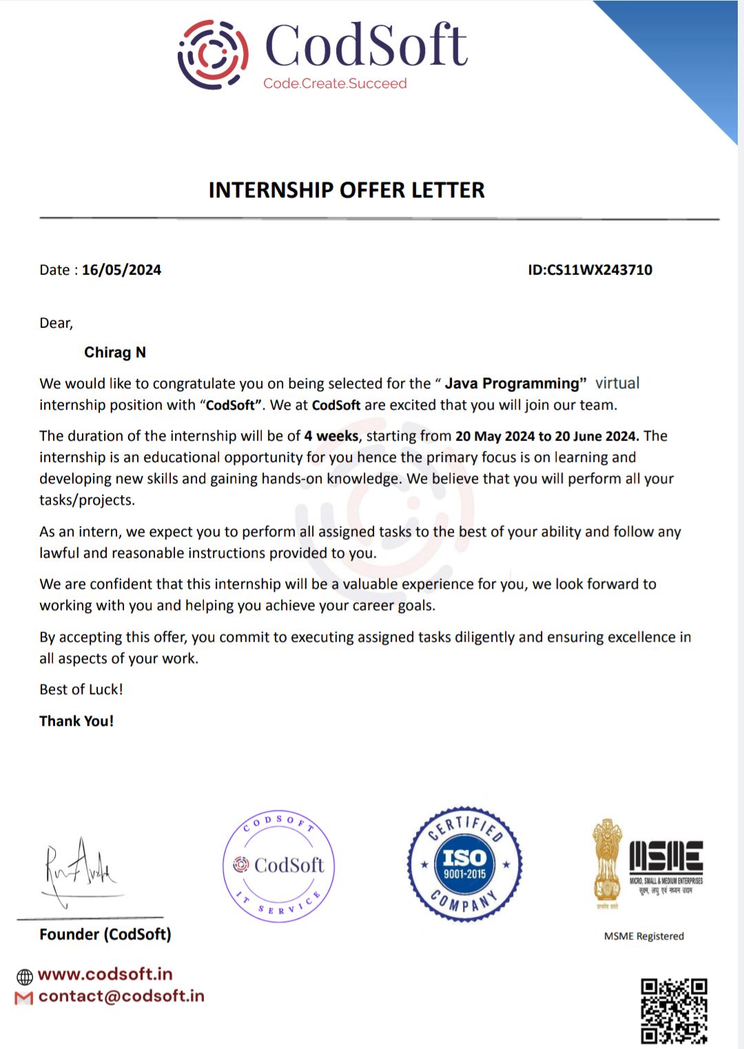 Chirag N on LinkedIn: #internshipoffer #codsoft #java Chirag N on LinkedIn: #internshipoffer #codsoft #java