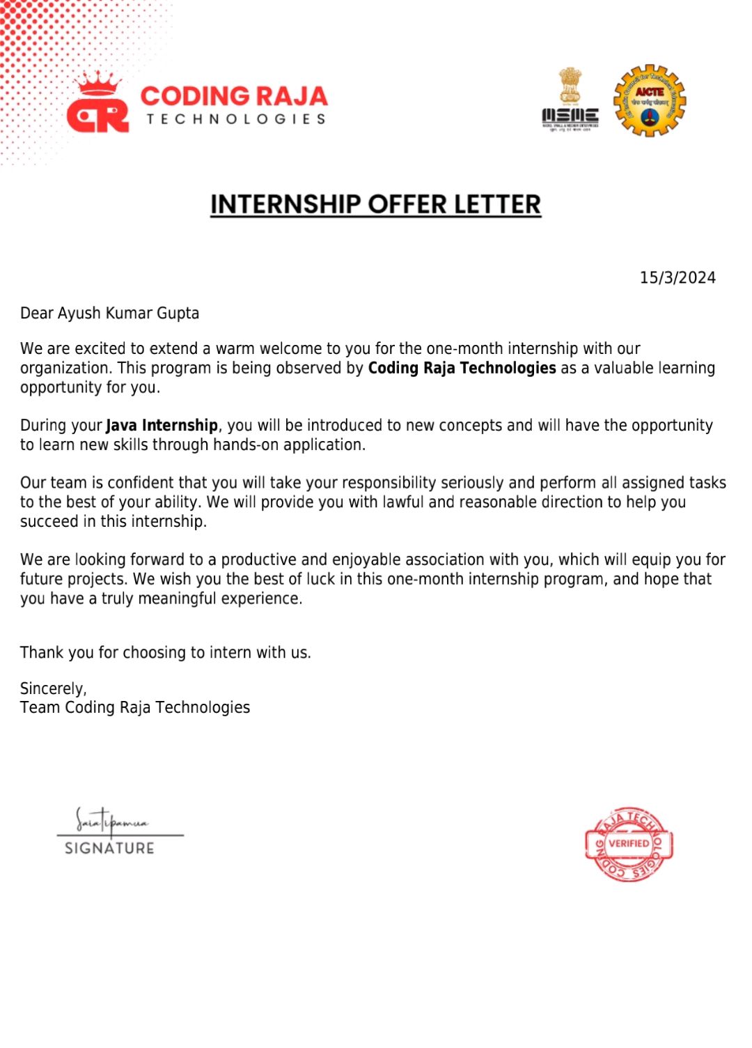 ayush gupta on LinkedIn: #internship #java #codingrajatech ayush gupta on LinkedIn: #internship #java #codingrajatech