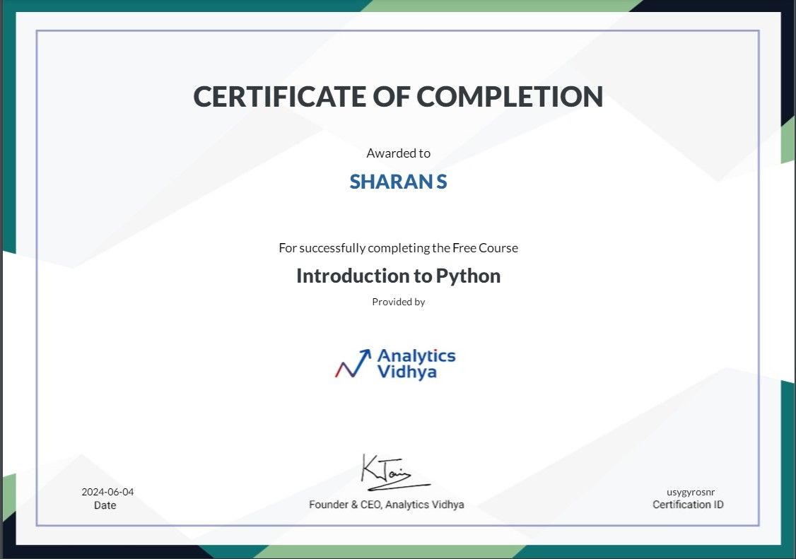 Sharan S on LinkedIn: #100dayscoding #certificationinpython # ... Sharan S on LinkedIn: #100dayscoding #certificationinpython # ...