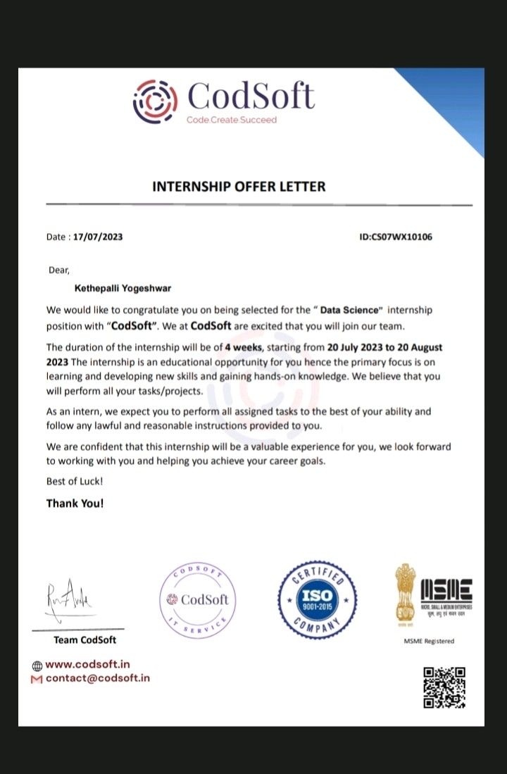 Kethepalli Yogeshwar on LinkedIn: #codsoft #datascience #internship Kethepalli Yogeshwar on LinkedIn: #codsoft #datascience #internship