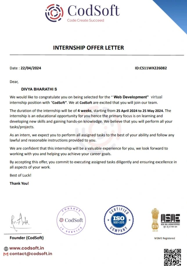 Divya Bharathi on LinkedIn: #internship #webdevelopment #codsoft Divya Bharathi on LinkedIn: #internship #webdevelopment #codsoft