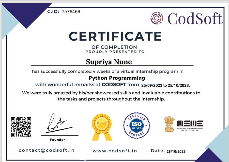 Supriya Nune on LinkedIn: #pythonprogramming #codsoft #interhip # ... Supriya Nune on LinkedIn: #pythonprogramming #codsoft #interhip # ...