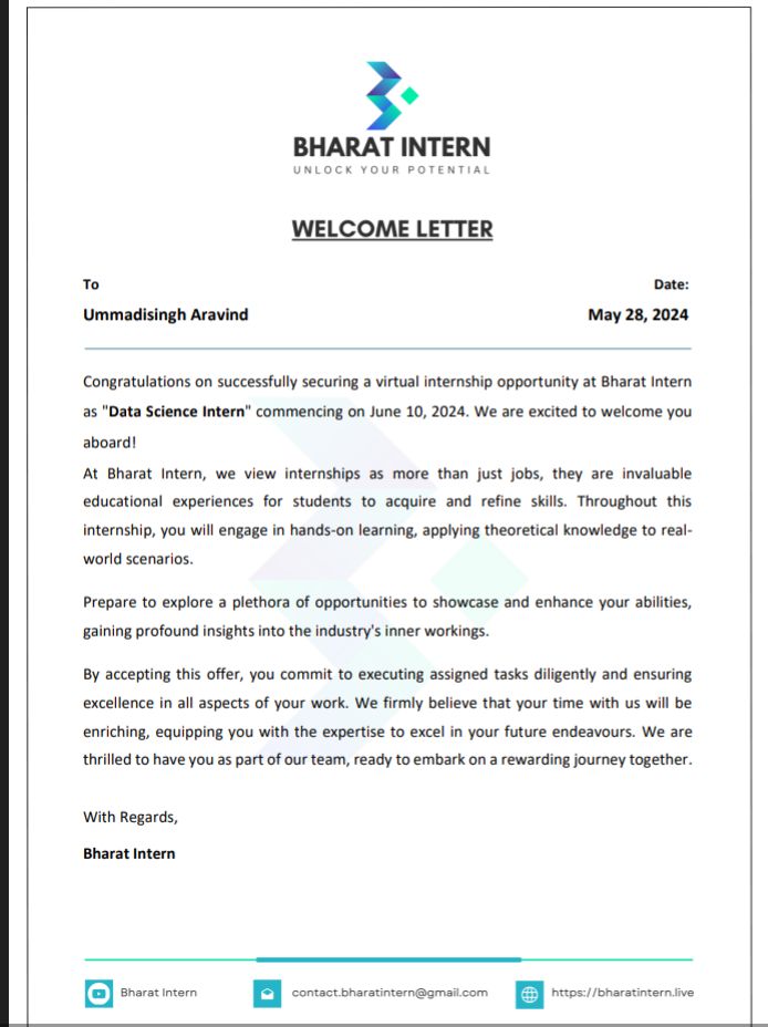 Aravind Ummadisingh on LinkedIn: #bharatintern #internship #datascience Aravind Ummadisingh on LinkedIn: #bharatintern #internship #datascience