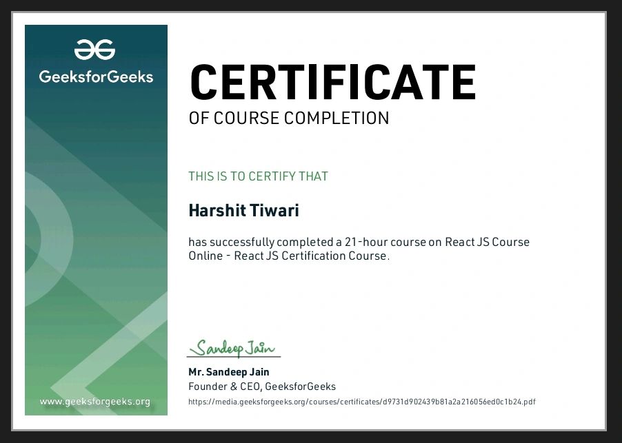 Harshit Tiwari on LinkedIn: #reactjs #certified #frontenddeveloper # ... Harshit Tiwari on LinkedIn: #reactjs #certified #frontenddeveloper # ...