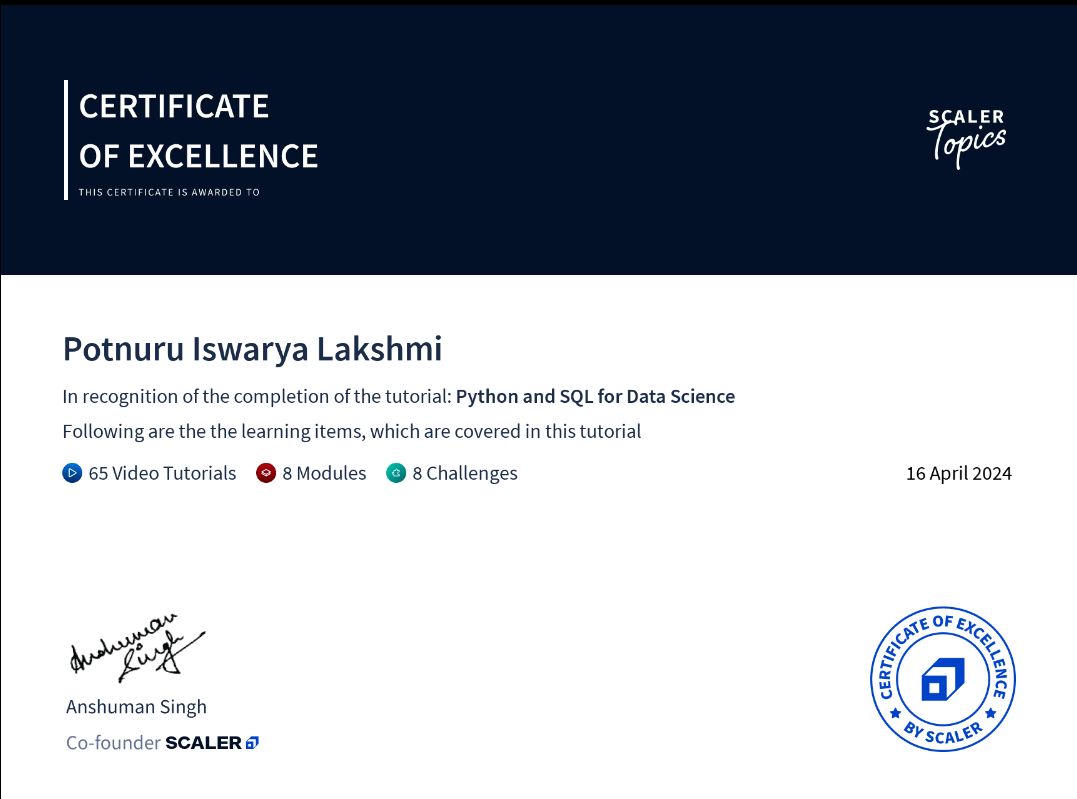 Completed Python and SQL course with Scaler Topics | Potnuru Iswarya ... Completed Python and SQL course with Scaler Topics | Potnuru Iswarya ...