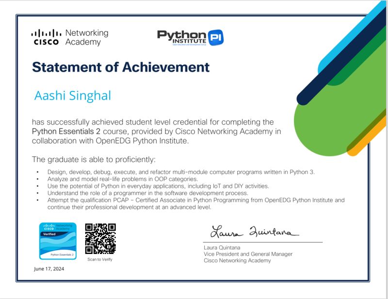 Aashi Singhal on LinkedIn: #python #certification #cisco #skillsforall ... Aashi Singhal on LinkedIn: #python #certification #cisco #skillsforall ...