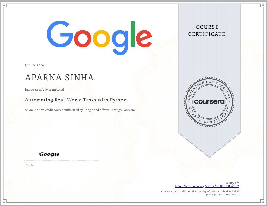 Aparna Sinha on LinkedIn: #python #automation #learning #coursera # ... Aparna Sinha on LinkedIn: #python #automation #learning #coursera # ...
