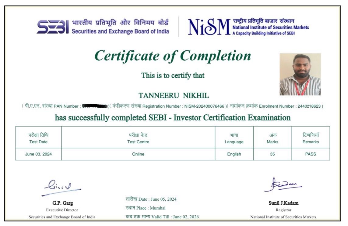 Tanneeru Nikhil on LinkedIn: #nism #certificationcomplete #financialmarkets Tanneeru Nikhil on LinkedIn: #nism #certificationcomplete #financialmarkets