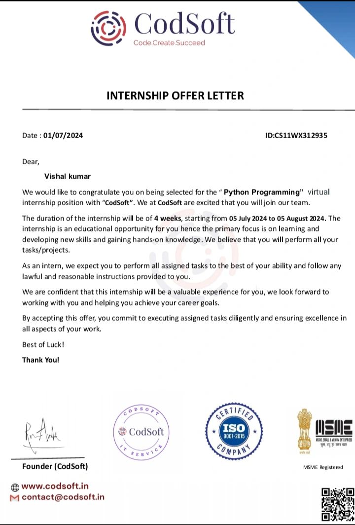 Vishal Kumar on LinkedIn: #codsoft #niet #internship #pythonprogramming Vishal Kumar on LinkedIn: #codsoft #niet #internship #pythonprogramming