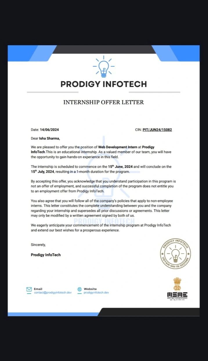 Isha sharma on LinkedIn: #internship #webdevelopment #prodigyinfotech # ... Isha sharma on LinkedIn: #internship #webdevelopment #prodigyinfotech # ...