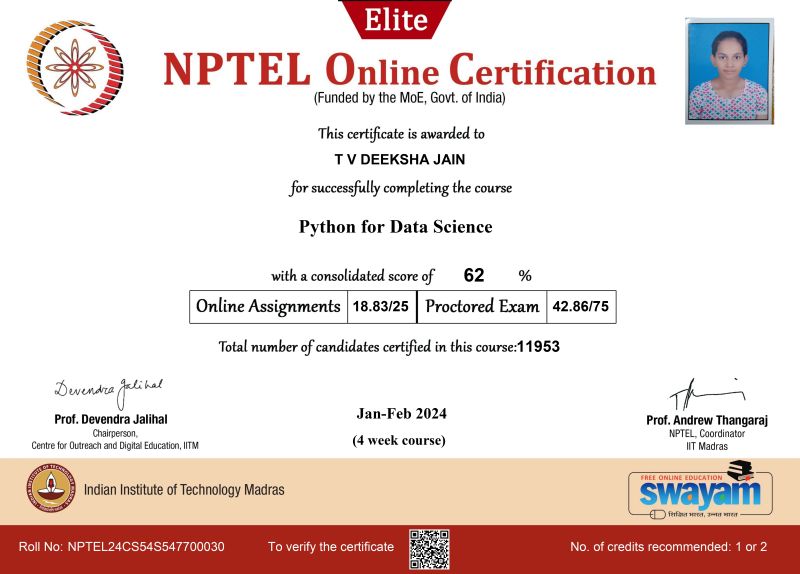 T V Deeksha Jain on LinkedIn: #python #datascience #nptel #learningjourney T V Deeksha Jain on LinkedIn: #python #datascience #nptel #learningjourney