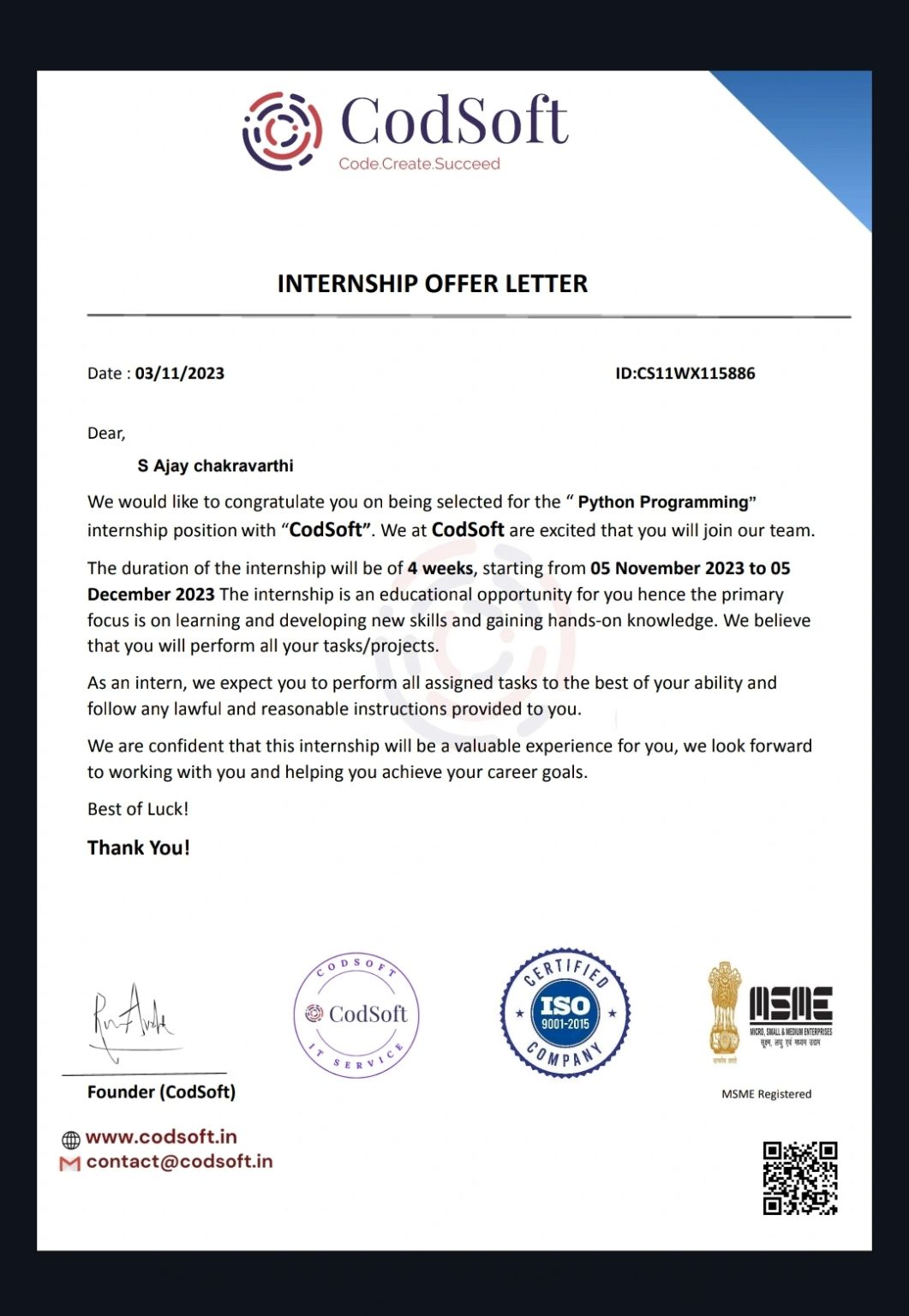 Ajay Chakravarthi on LinkedIn: #codsoftinternship #codesoft # ... Ajay Chakravarthi on LinkedIn: #codsoftinternship #codesoft # ...