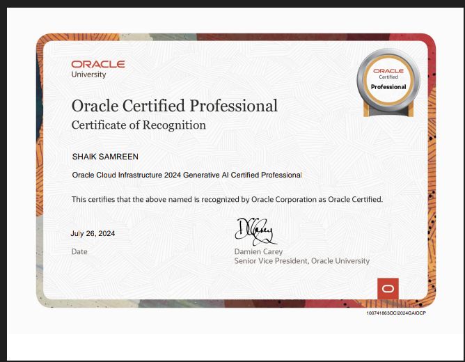Shaik Samreen on LinkedIn: #oracleuniversity #oraclecertified # ... Shaik Samreen on LinkedIn: #oracleuniversity #oraclecertified # ...