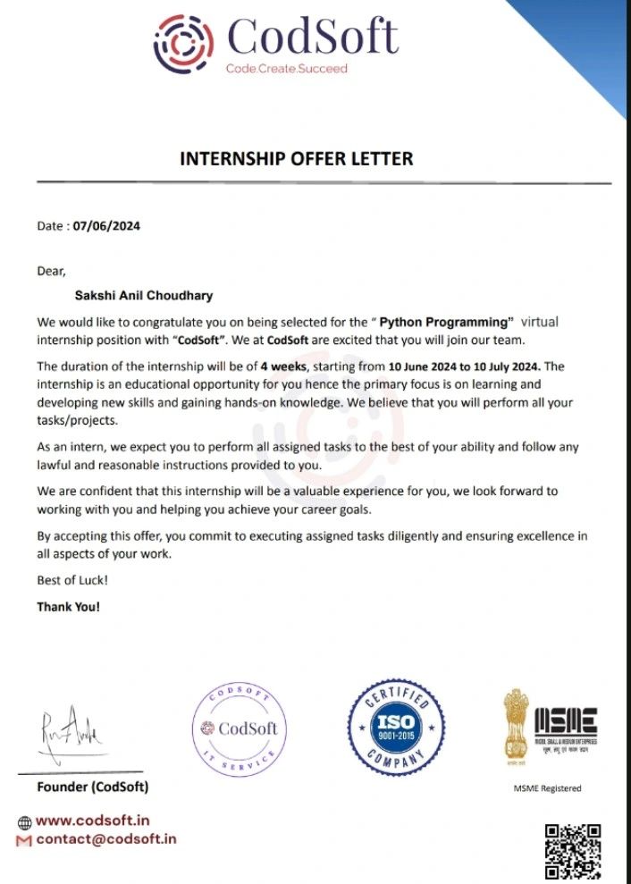 Sakshi Choudhary on LinkedIn: #codsoft #python #internship Sakshi Choudhary on LinkedIn: #codsoft #python #internship