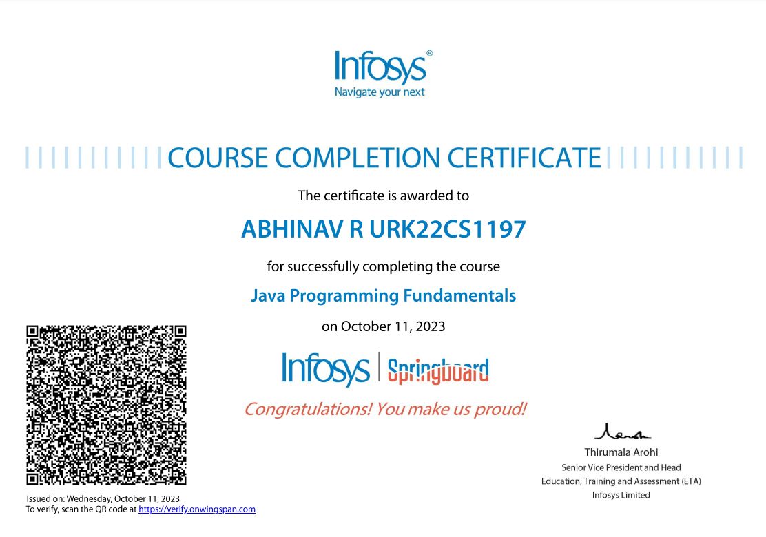 ABHINAV R on LinkedIn: #infosys #java #javafundamentals ABHINAV R on LinkedIn: #infosys #java #javafundamentals
