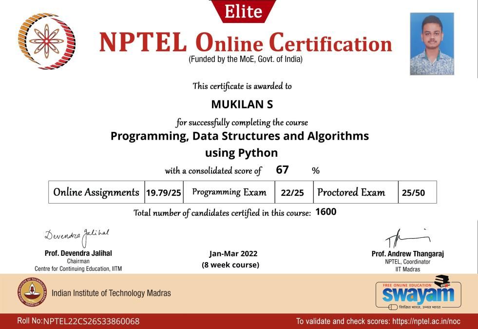 MUKILAN S on LinkedIn: #nptel #pythonprogramming #datastructures # ... MUKILAN S on LinkedIn: #nptel #pythonprogramming #datastructures # ...