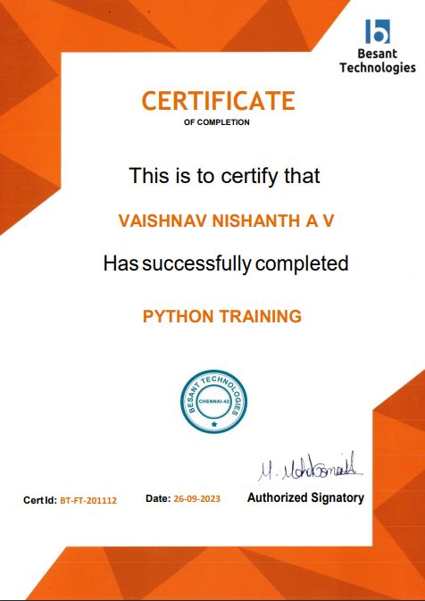 Completed Python training from Besanttechnologies | Vaishnav Nishanth ... Completed Python training from Besanttechnologies | Vaishnav Nishanth ...