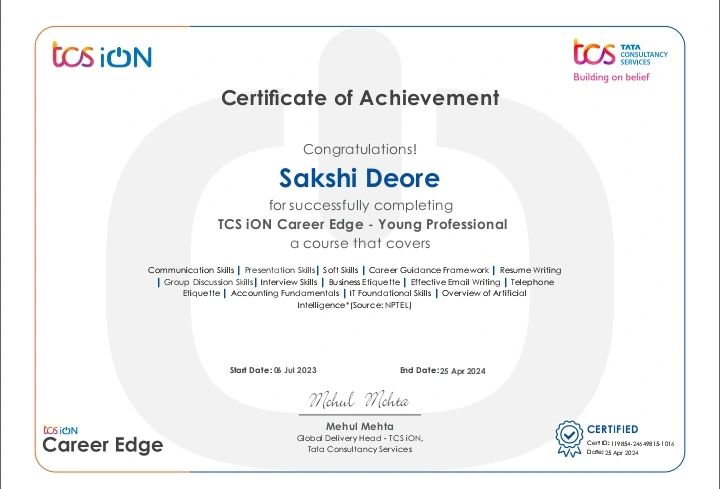Sakshi Deore on LinkedIn: #tcsion #tcs #achievement #career #certified ... Sakshi Deore on LinkedIn: #tcsion #tcs #achievement #career #certified ...