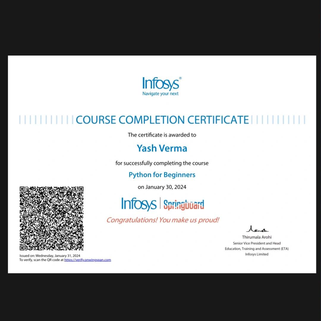Yash Verma on LinkedIn: #python #mca #skill #infosysspringboard Yash Verma on LinkedIn: #python #mca #skill #infosysspringboard