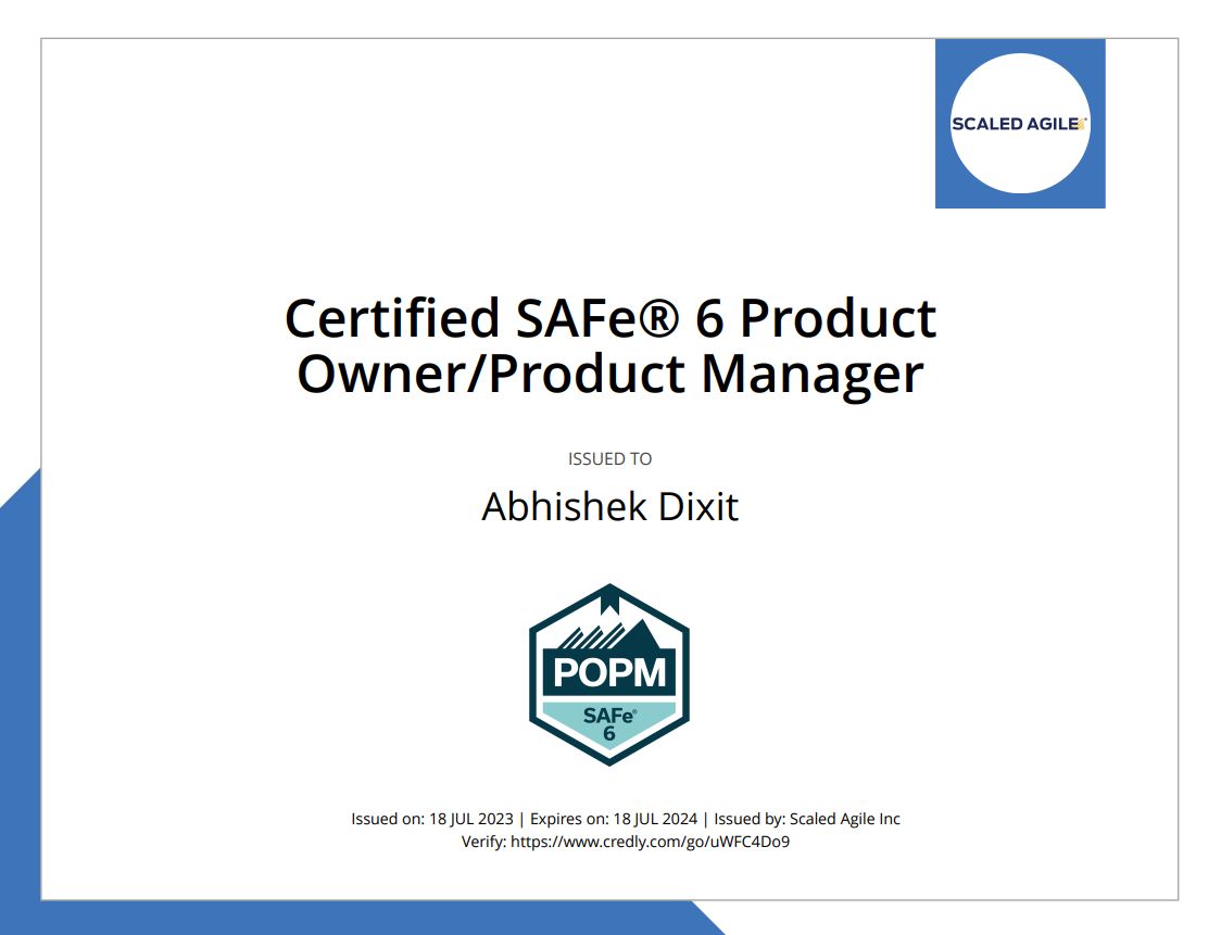 Abhishek Dixit on LinkedIn: Completed SAFe 6 POPM Certification! | 10 ... Abhishek Dixit on LinkedIn: Completed SAFe 6 POPM Certification! | 10 ...