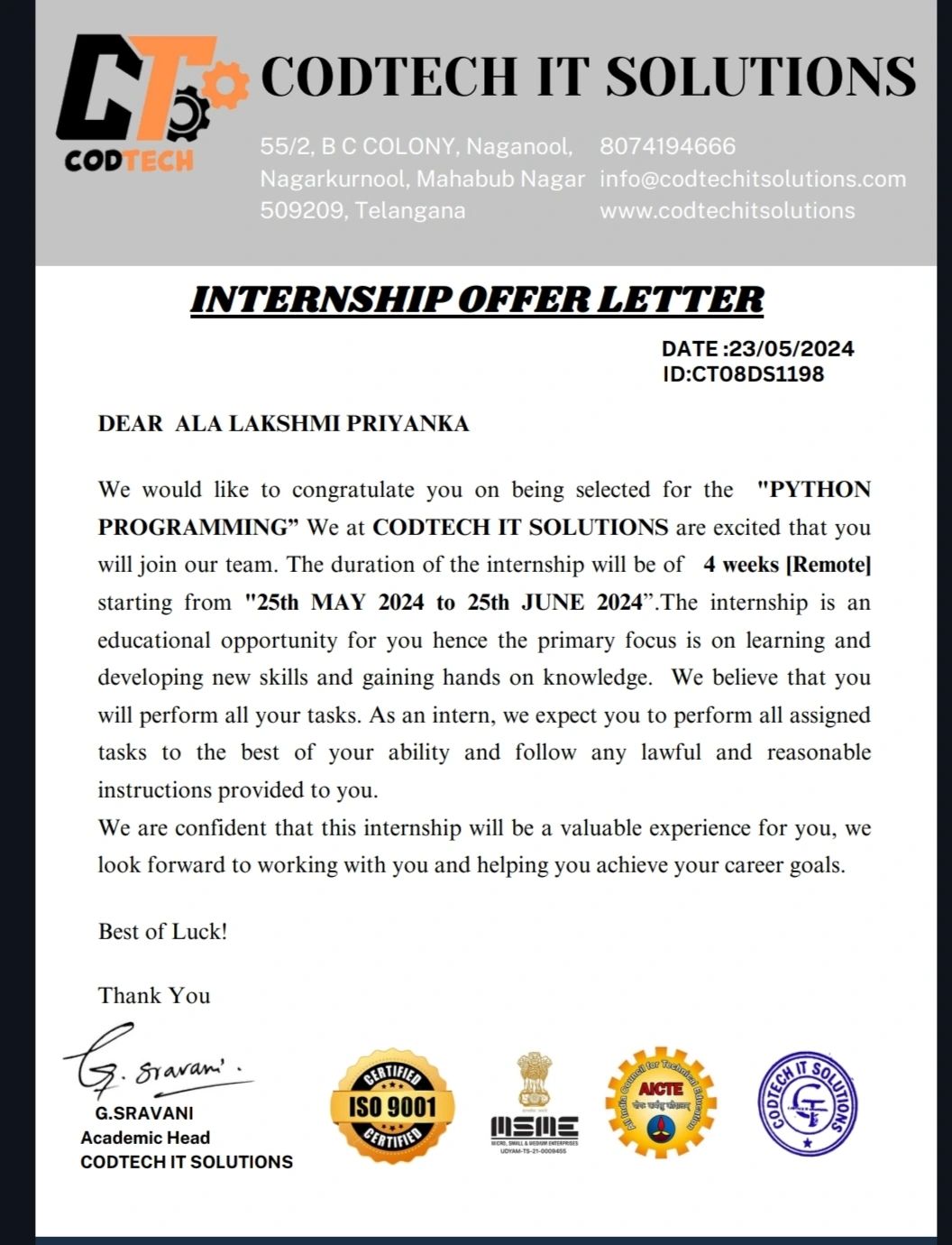 Ala Lakshmi Priyanka on LinkedIn: #internship #codetech Ala Lakshmi Priyanka on LinkedIn: #internship #codetech