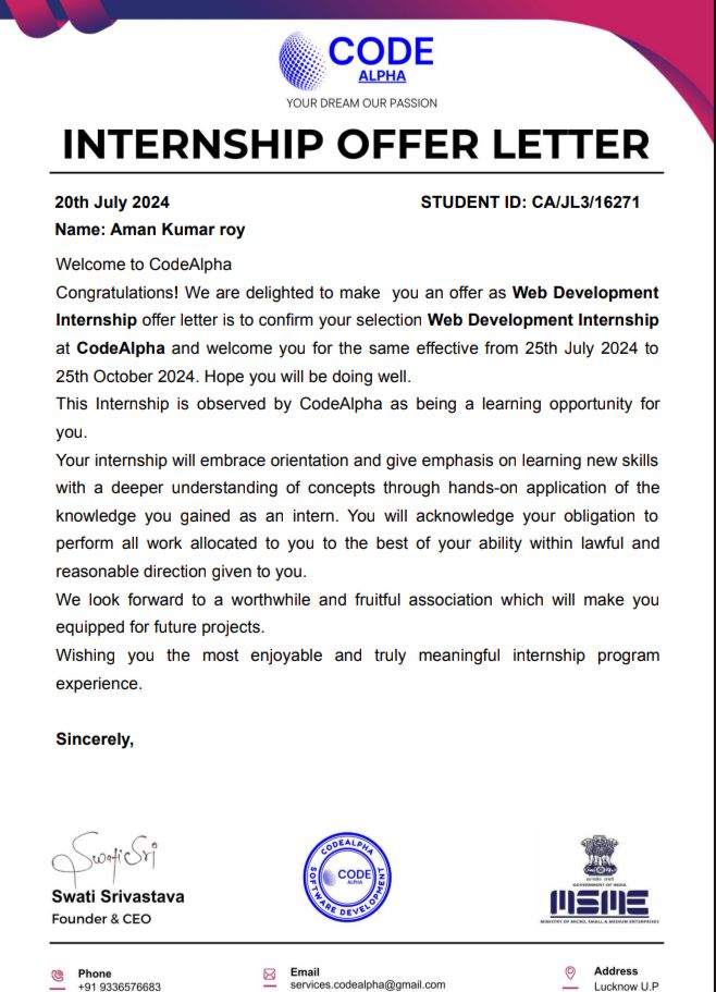 AMAN KUMAR ROY on LinkedIn: #codealpha #internship #webdevelopment AMAN KUMAR ROY on LinkedIn: #codealpha #internship #webdevelopment