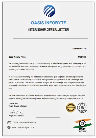 Vishnu Priya on LinkedIn: #oasisinfobyte #oasisinfobyteinternship # ... Vishnu Priya on LinkedIn: #oasisinfobyte #oasisinfobyteinternship # ...