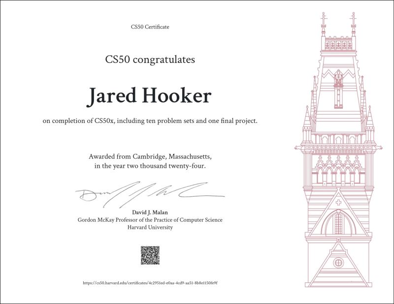 Jared Hooker on LinkedIn: CS50 Certificate :) | 14 comments Jared Hooker on LinkedIn: CS50 Certificate :) | 14 comments