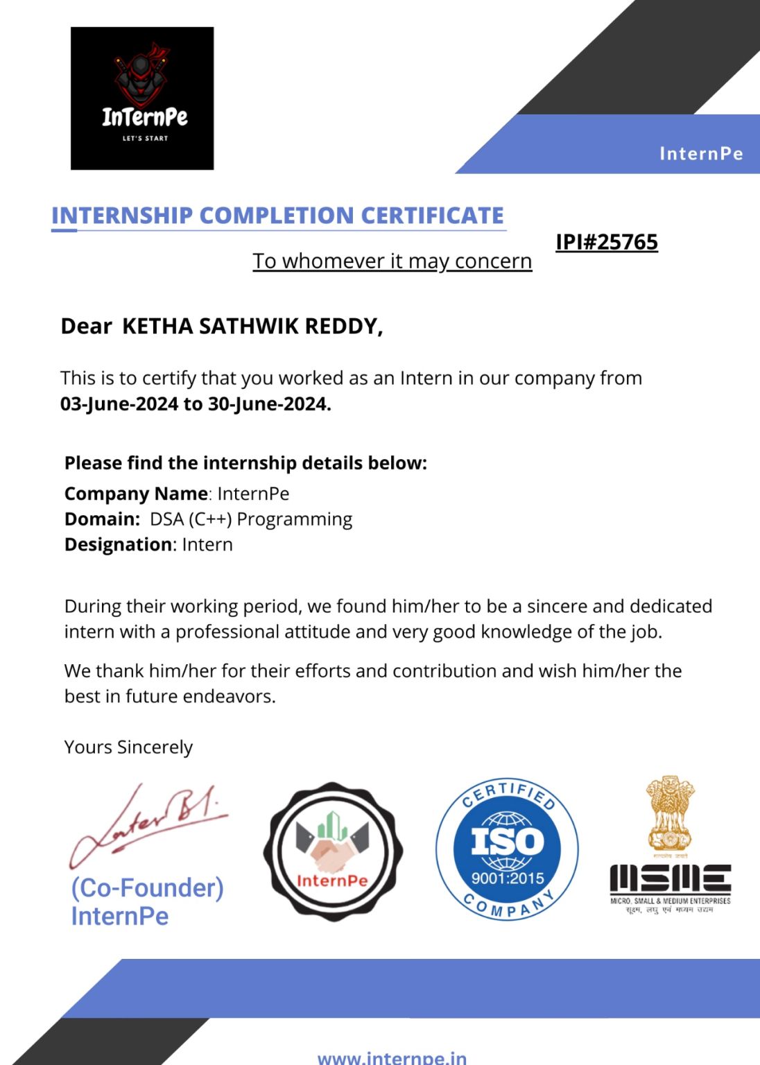 Ketha Sathwik Reddy on LinkedIn: #dsa #cpp #intern #internpe Ketha Sathwik Reddy on LinkedIn: #dsa #cpp #intern #internpe