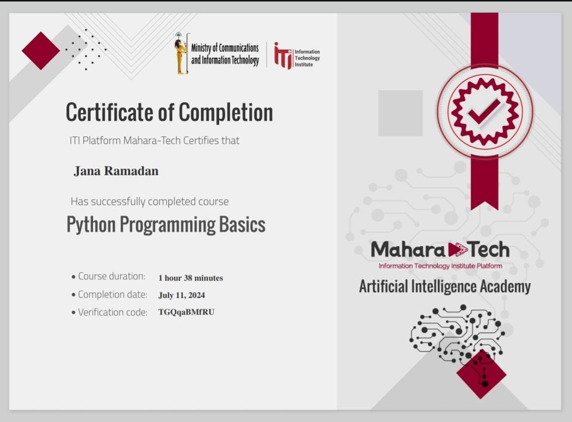 jana ramadan on LinkedIn: certificate of completion python programming ... jana ramadan on LinkedIn: certificate of completion python programming ...