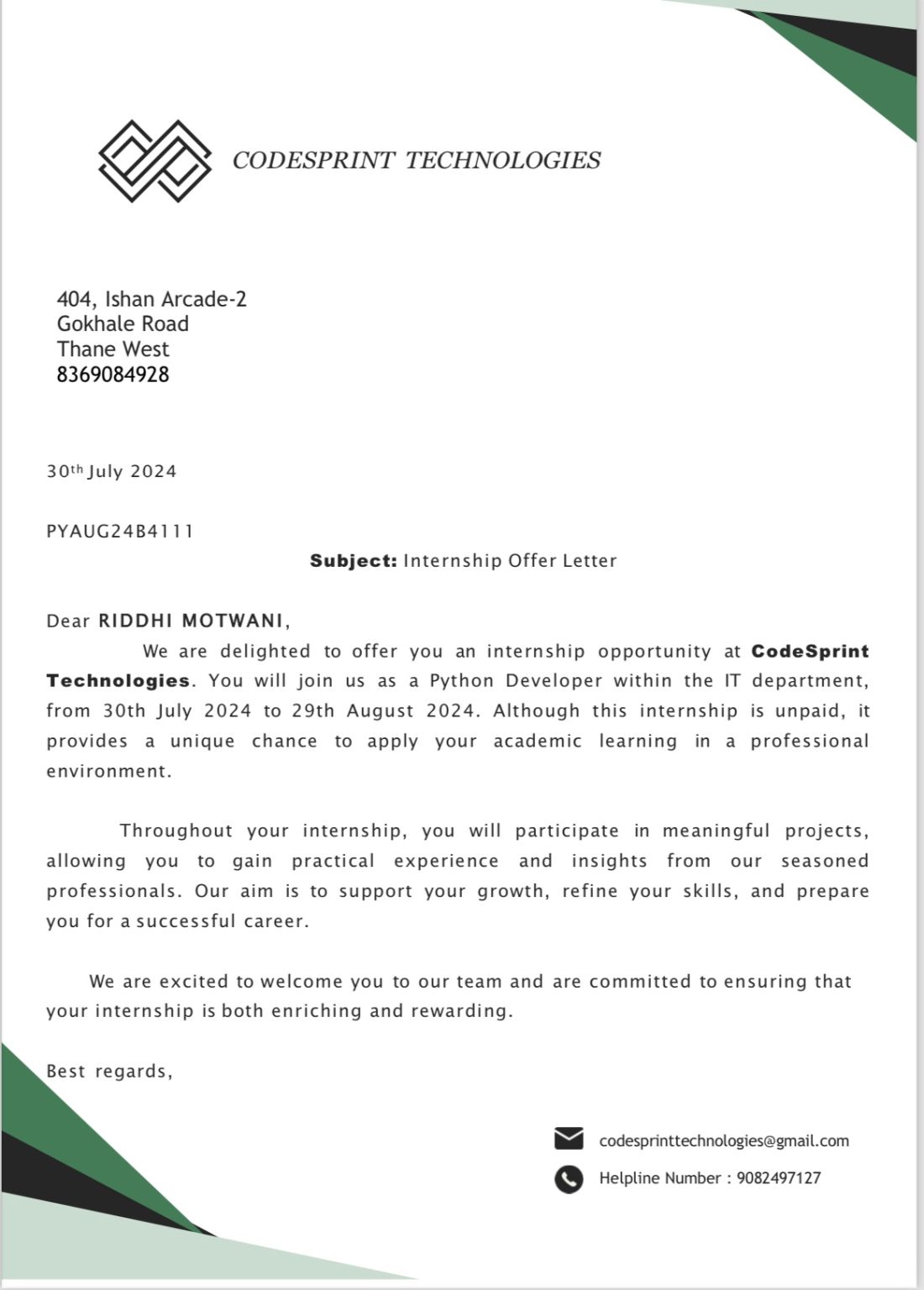 Riddhi Motwani on LinkedIn: #internship #pythondeveloper #careerjourney ... Riddhi Motwani on LinkedIn: #internship #pythondeveloper #careerjourney ...