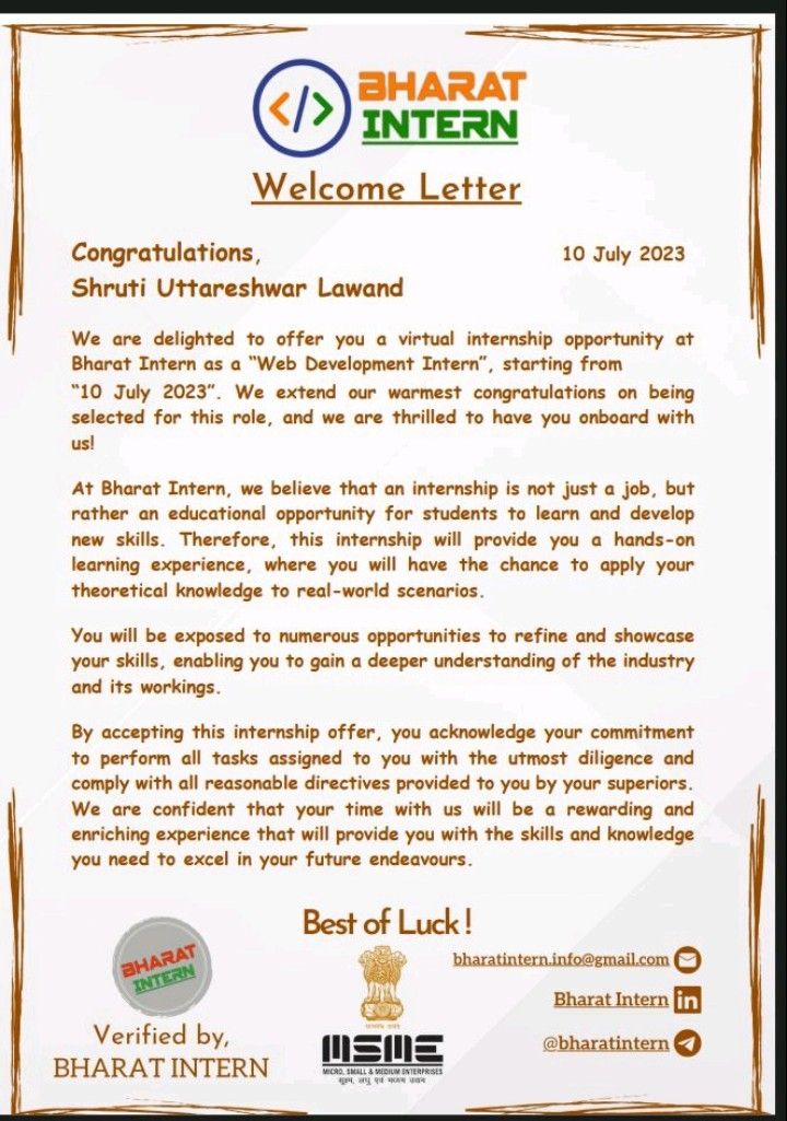 Shruti Lawand on LinkedIn: #bharatintern #connections #internship #share Shruti Lawand on LinkedIn: #bharatintern #connections #internship #share
