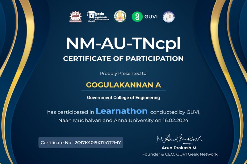 Gogula kannan A on LinkedIn: I have participated in GUVI Learnathon. Gogula kannan A on LinkedIn: I have participated in GUVI Learnathon.