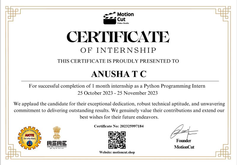 Anusha T C on LinkedIn: #internship #pythonprogramming #motioncut Anusha T C on LinkedIn: #internship #pythonprogramming #motioncut